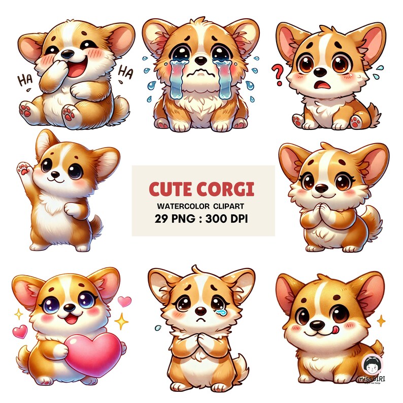 Cute Corgi Clipart Set | 29 Watercolor Pngs of Kawaii Dog Expressions ...