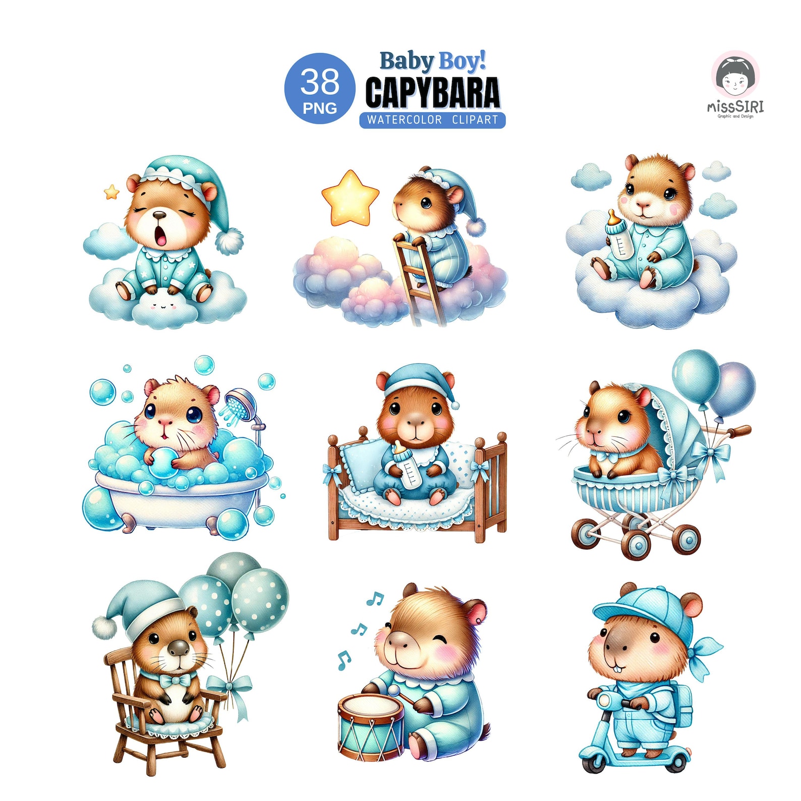 Baby Boy Capybara Watercolor Clipart Set – 38 PNG Files for Baby Shower ...