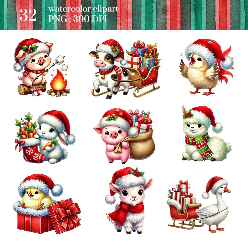 Christmas Farm Clipart Set - 32 PNG Watercolor Farm Animals in Santa ...