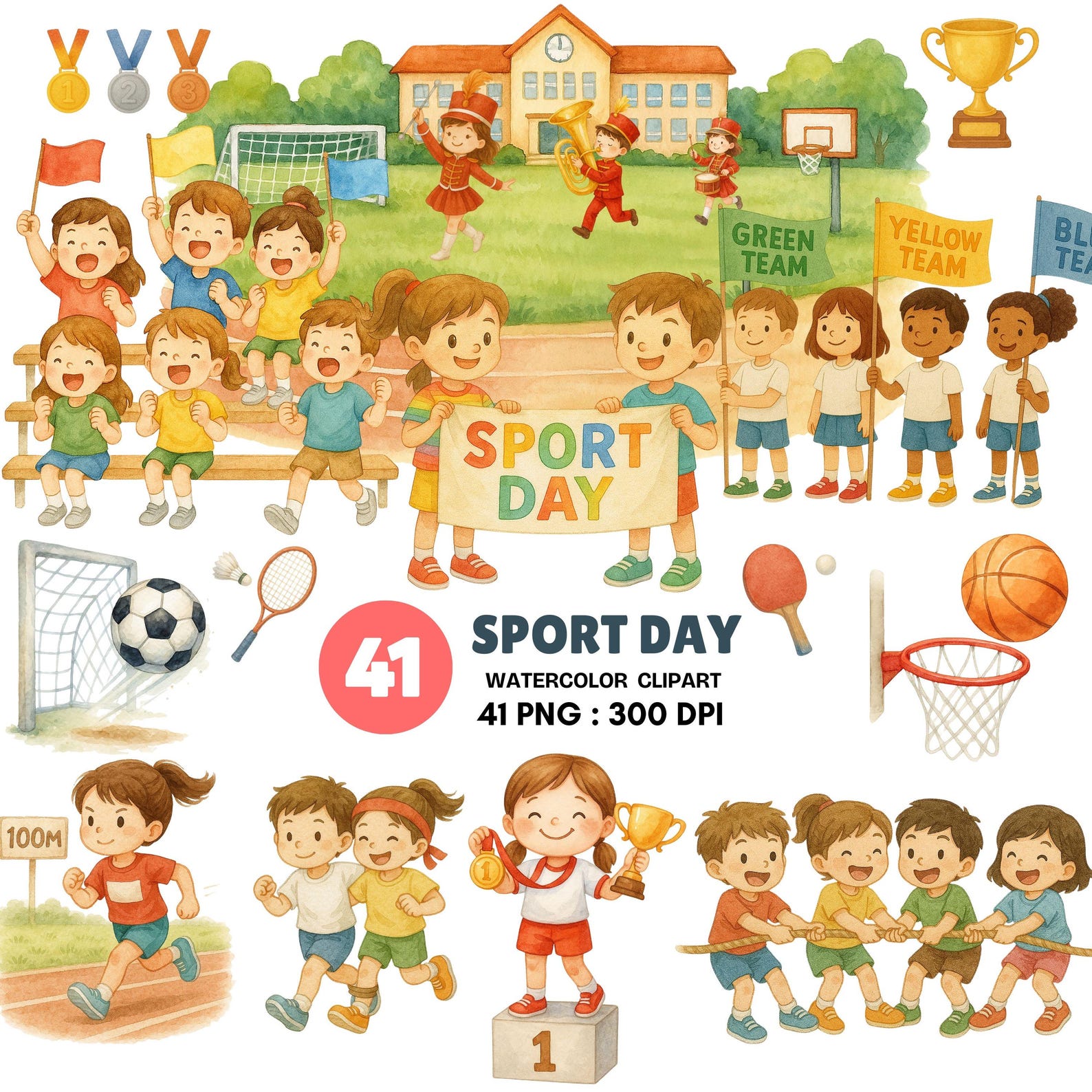 Sport Day Watercolor Clipart Bundle for Kids Games, School Event PNG ...