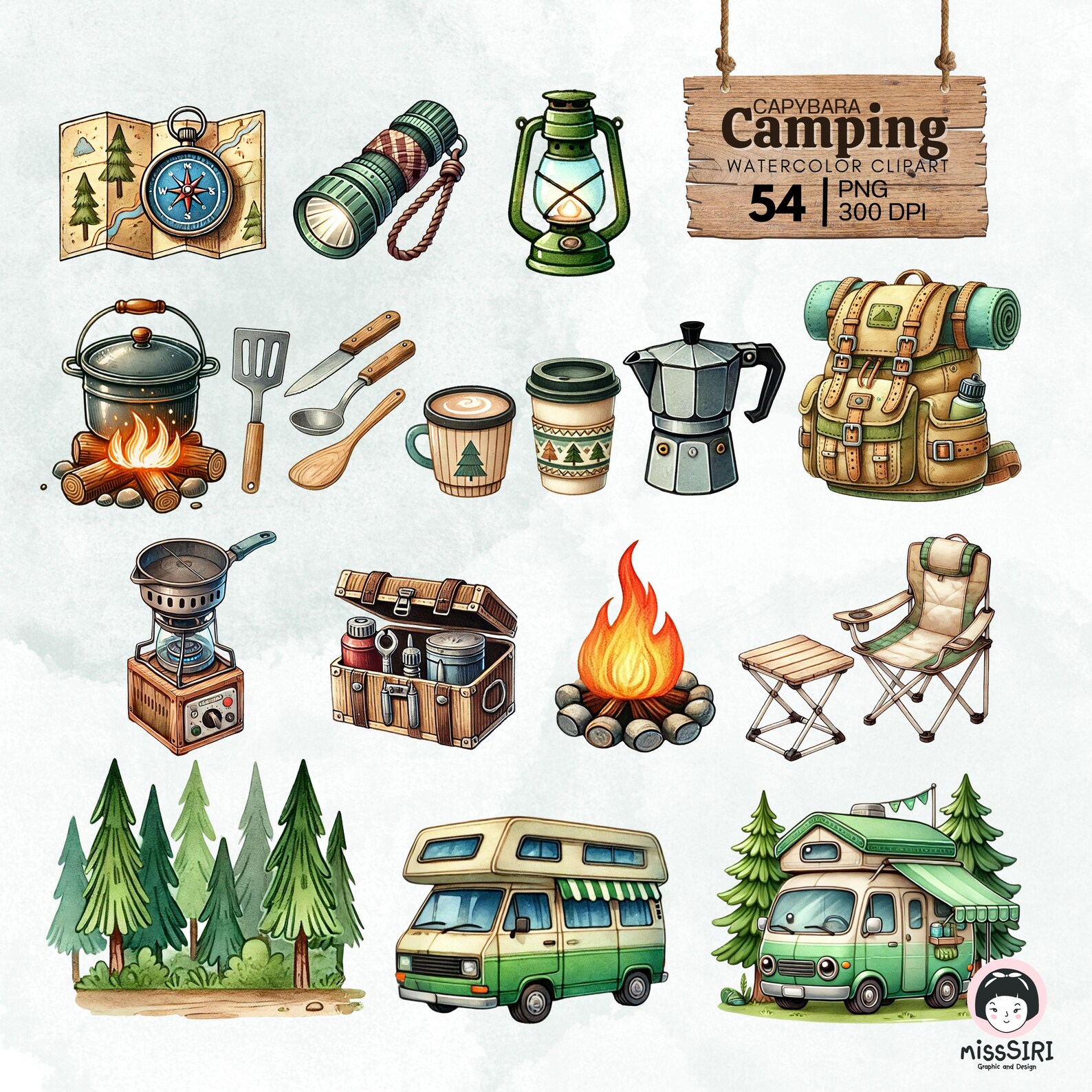 Capybara Camping Watercolor Clipart - 54 PNG Files, Outdoor Adventure ...
