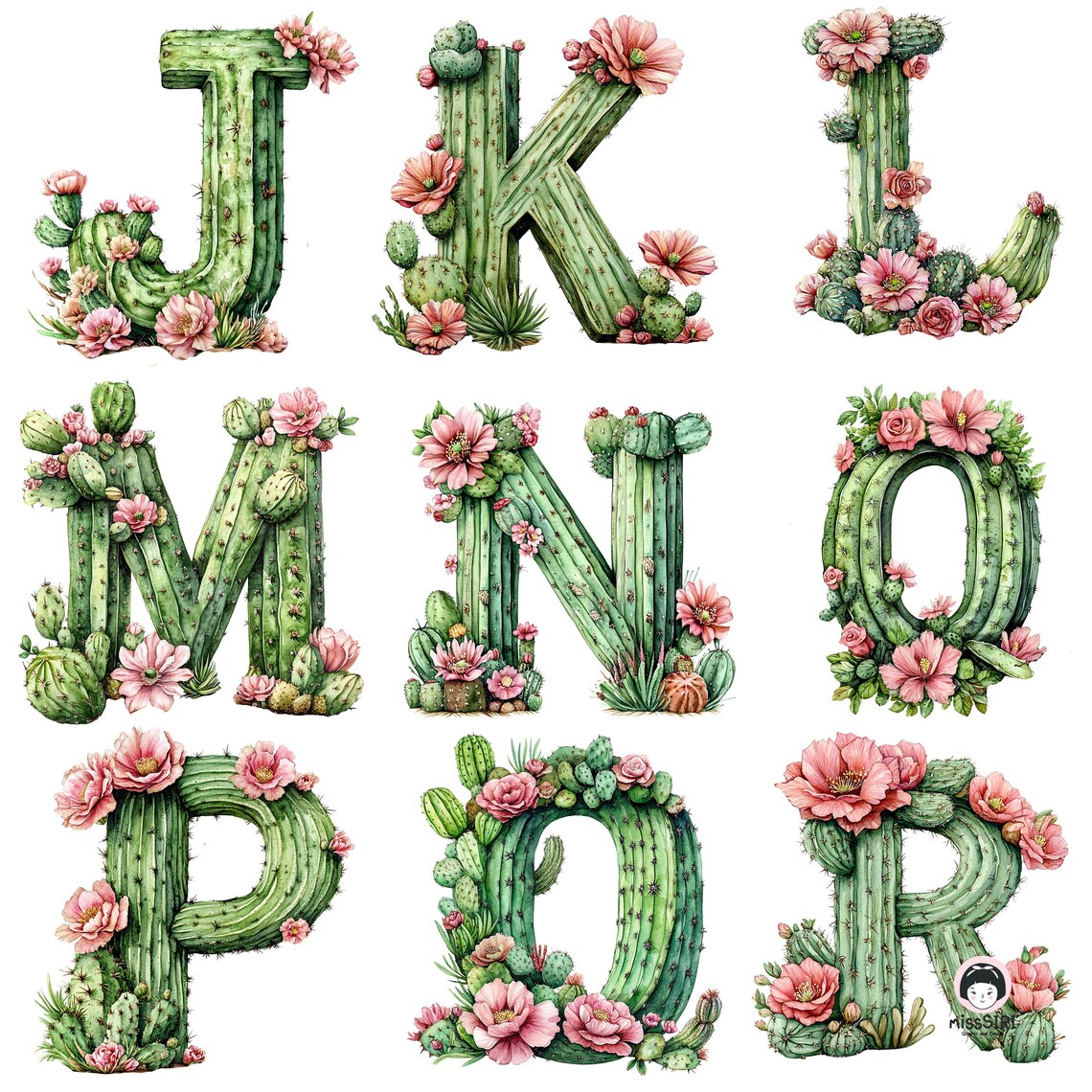 Cactus Alphabet Watercolor Clipart – 39 PNG Floral Cactus Letters ...
