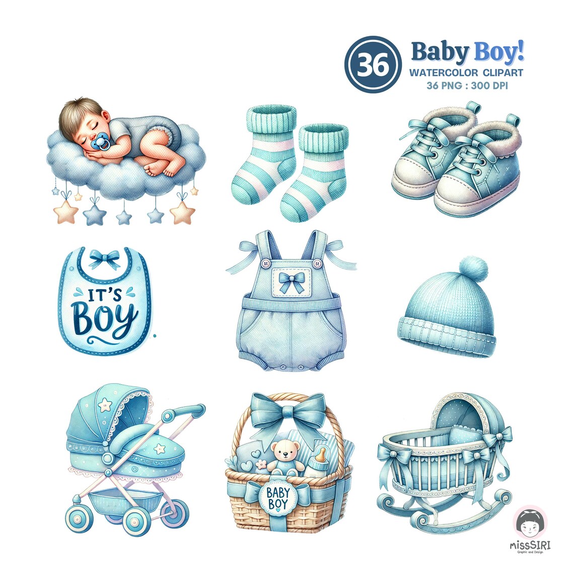 Baby Boy Watercolor Clipart Set - 36 PNG Baby Shower Graphics - Blue ...