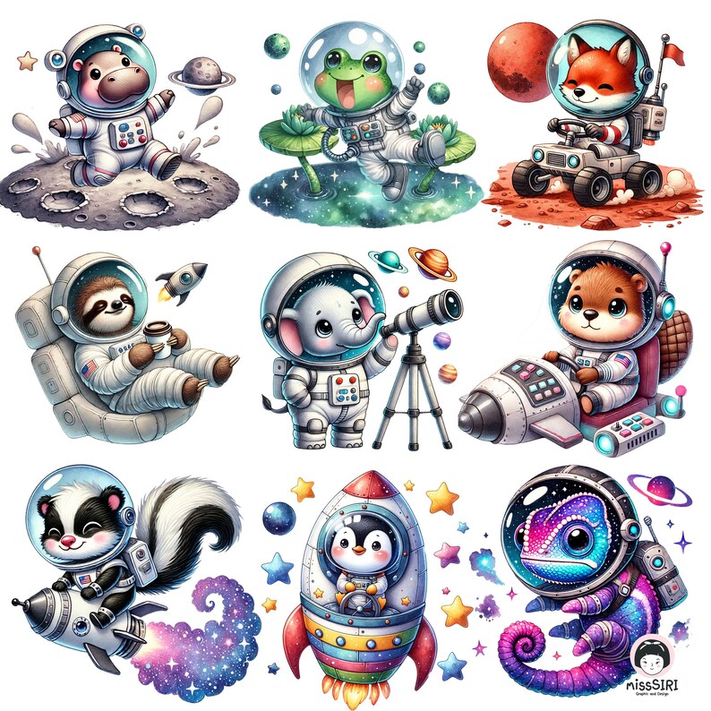 Cosmic Critters Watercolor Clipart – 36 PNG Adorable Space Animals With ...