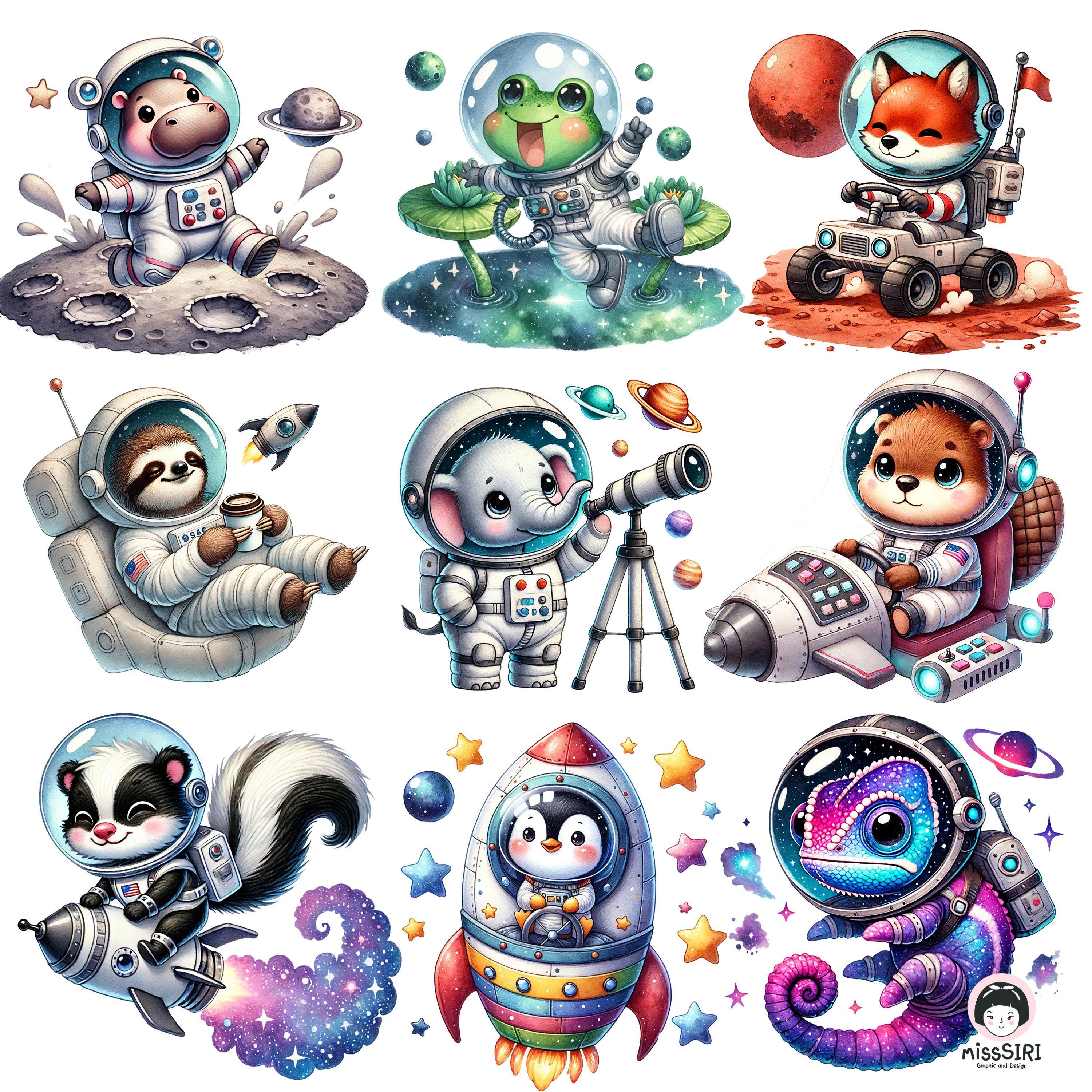 Cosmic Critters Watercolor Clipart – 36 PNG Adorable Space Animals With ...