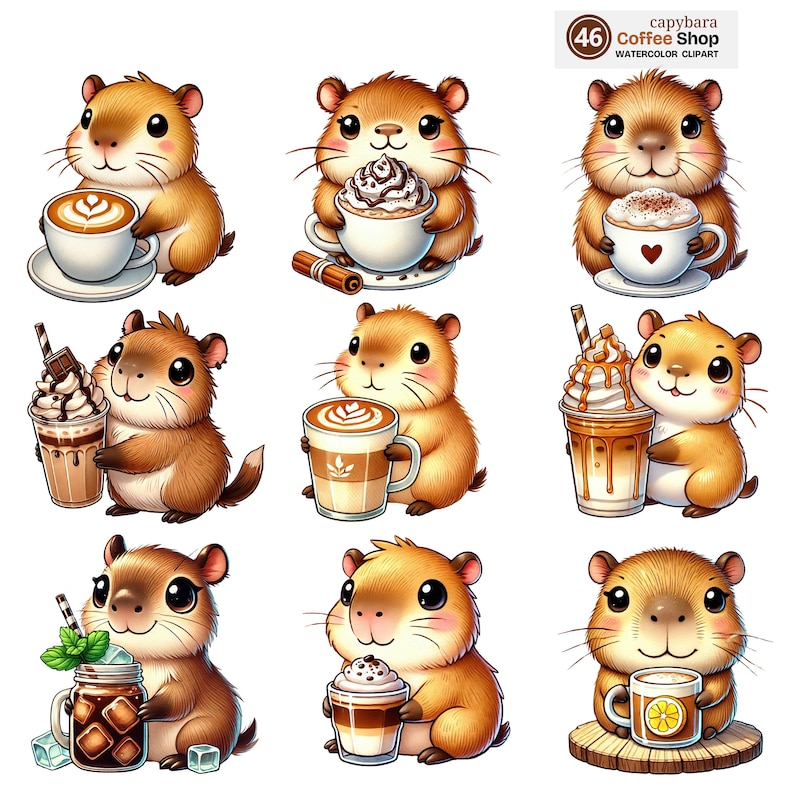 Capybara Coffee Shop Watercolor Clipart – 46 PNG Cozy Cafe ...