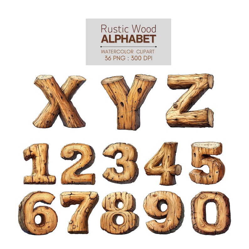 Rustic Wood Alphabet Clipart Set – Watercolor Letters & Numbers – 36 ...