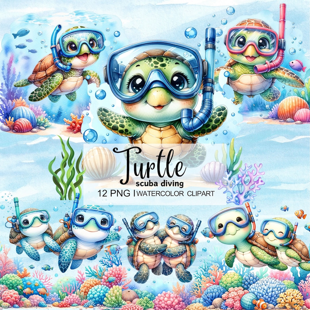 Adorable Scuba Diving Turtle Watercolor Clipart - Etsy