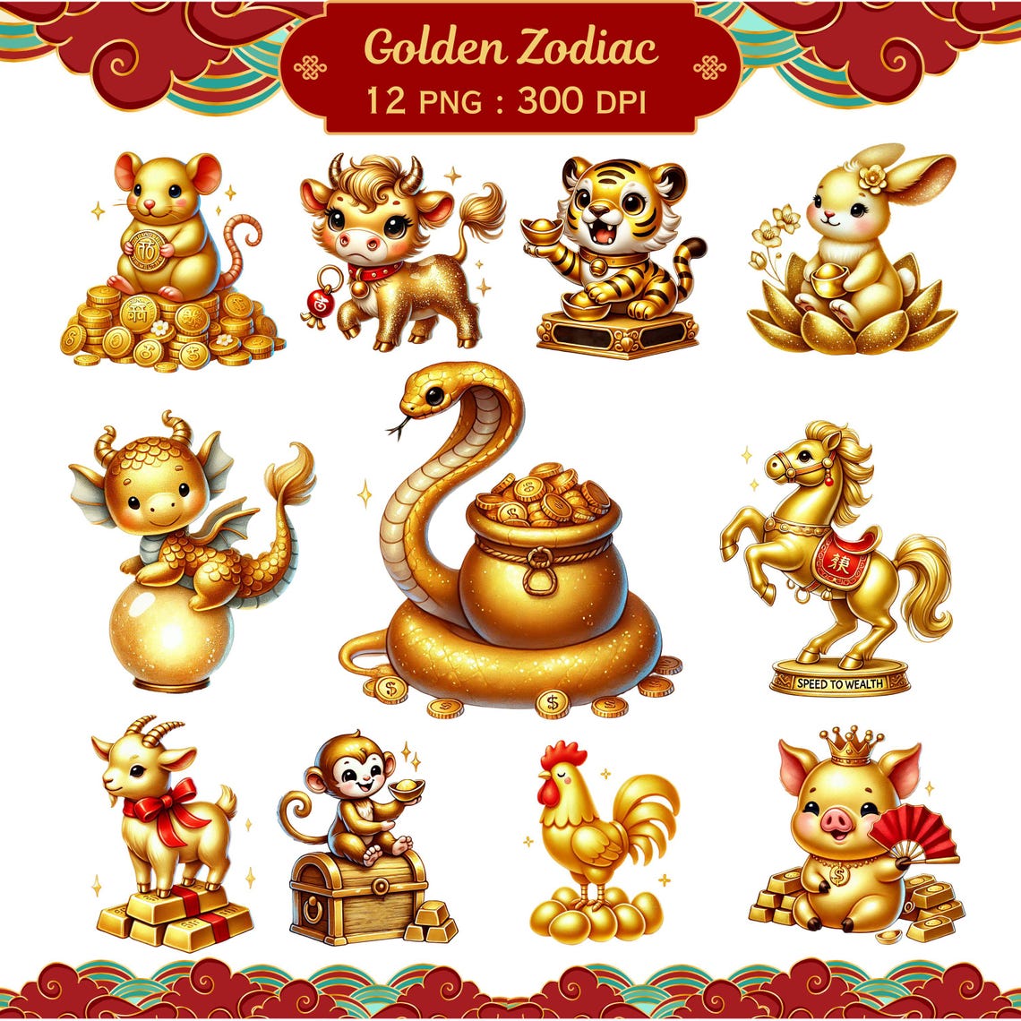 Golden Chinese Zodiac Clipart Set - 12 PNG Files, Luxury Zodiac Animal ...