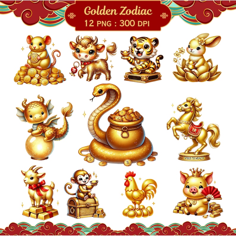 Golden Chinese Zodiac Clipart Set - 12 PNG Files, Luxury Zodiac Animal ...