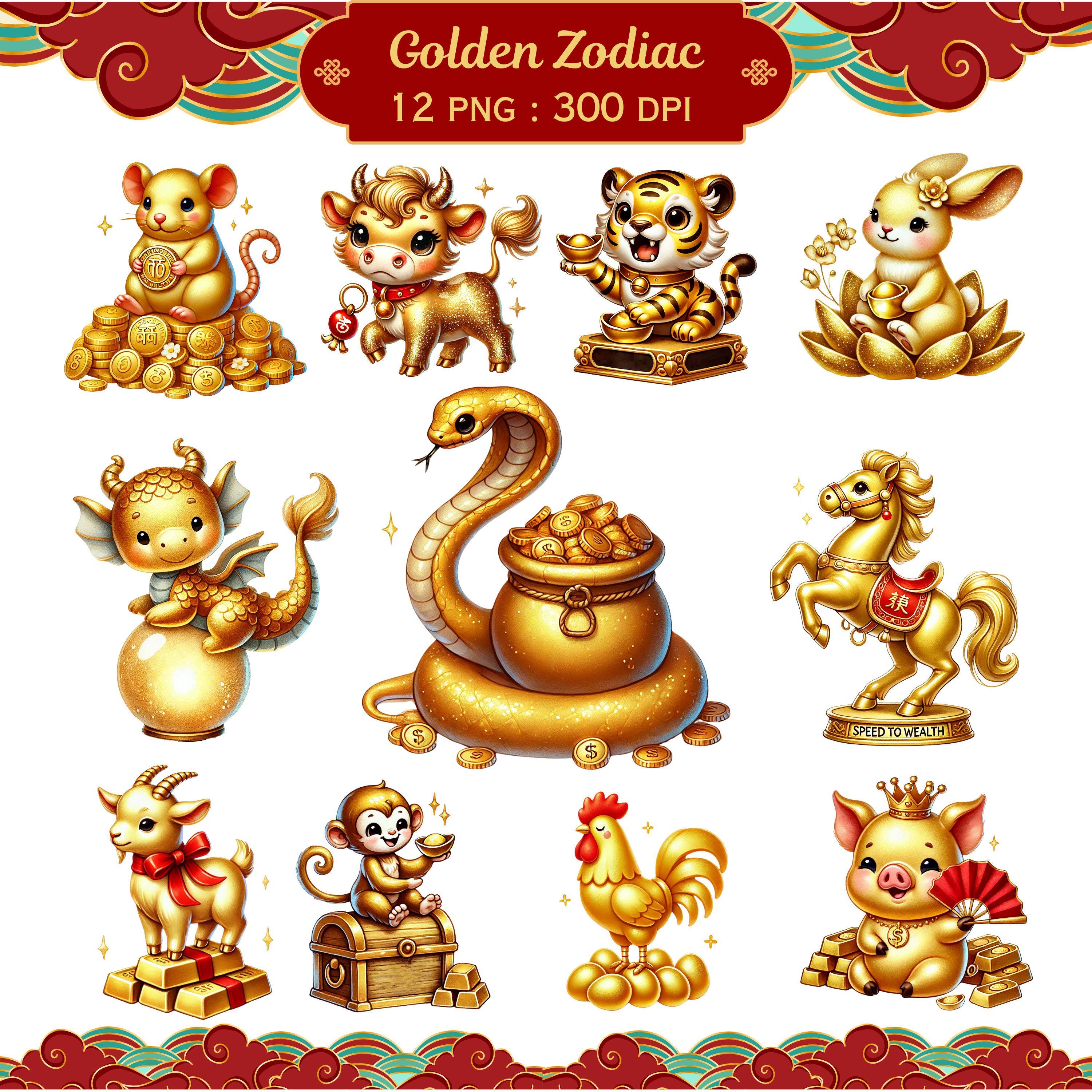 Golden Chinese Zodiac Clipart Set - 12 PNG Files, Luxury Zodiac Animal ...