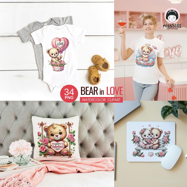 Bear in Love Watercolor Clipart Set - 34 Romantic Valentine’s Day Pngs ...