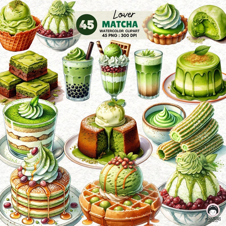 Matcha Lover Watercolor Clipart – 45 PNG Delicious Green Tea Desserts ...