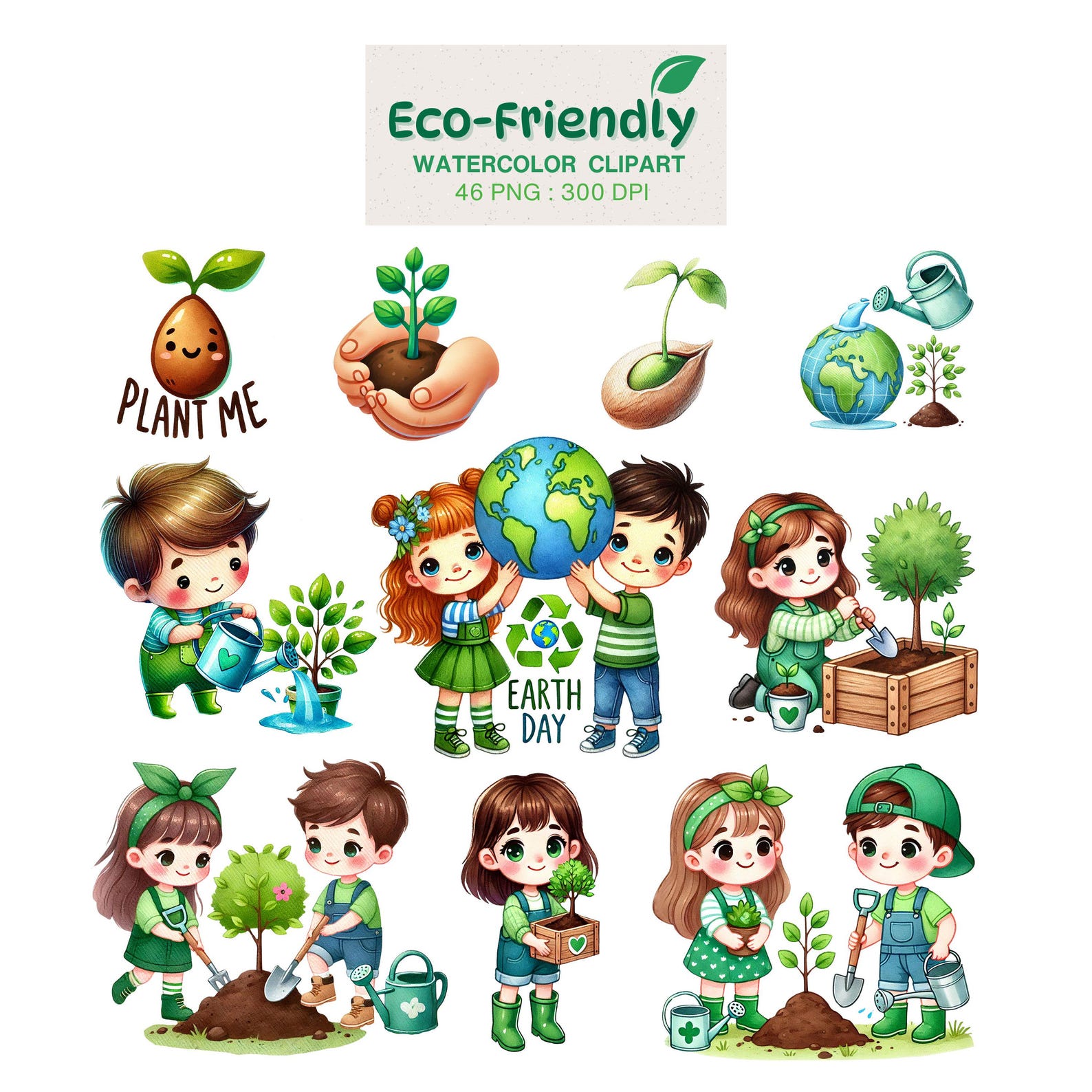 Eco-friendly Watercolor Clipart Set - 46 PNG Files, Go Green Recycling ...