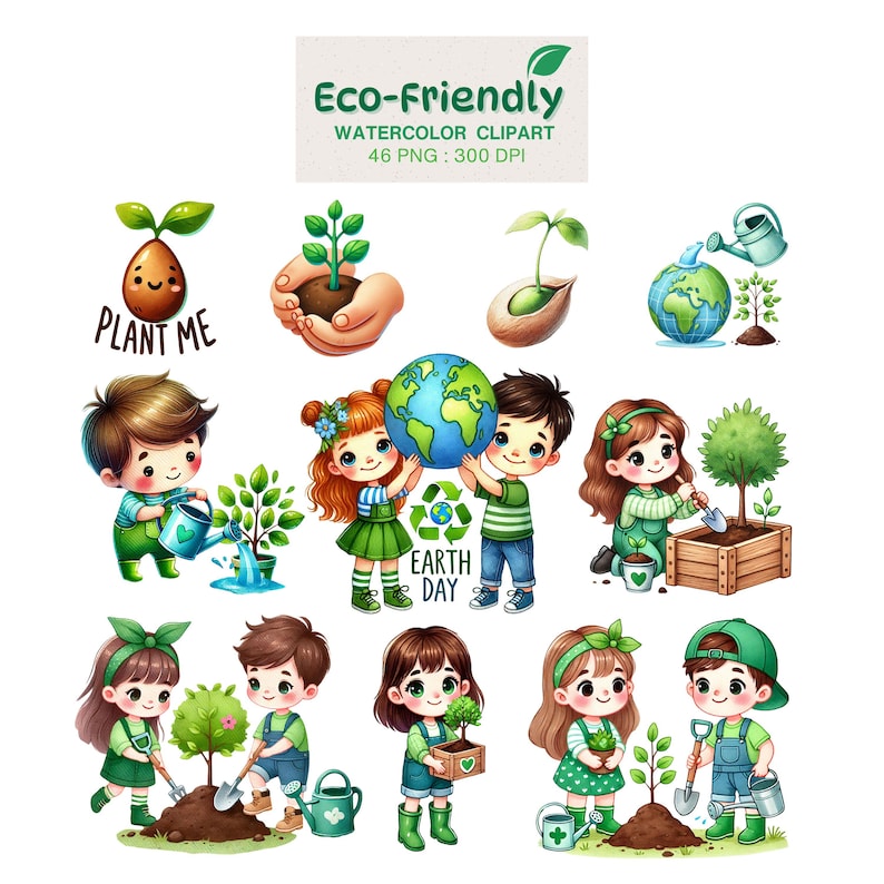 Eco-friendly Watercolor Clipart Set - 46 PNG Files, Go Green Recycling ...