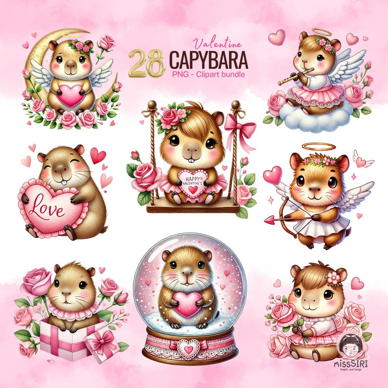 Valentine Capybara Clipart Bundle, 28 Cute Capybara PNG Files, Adorable ...