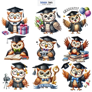 Scholar Owl Graduation Clipart Bundle – 36 Watercolor Pngs Featuring ...