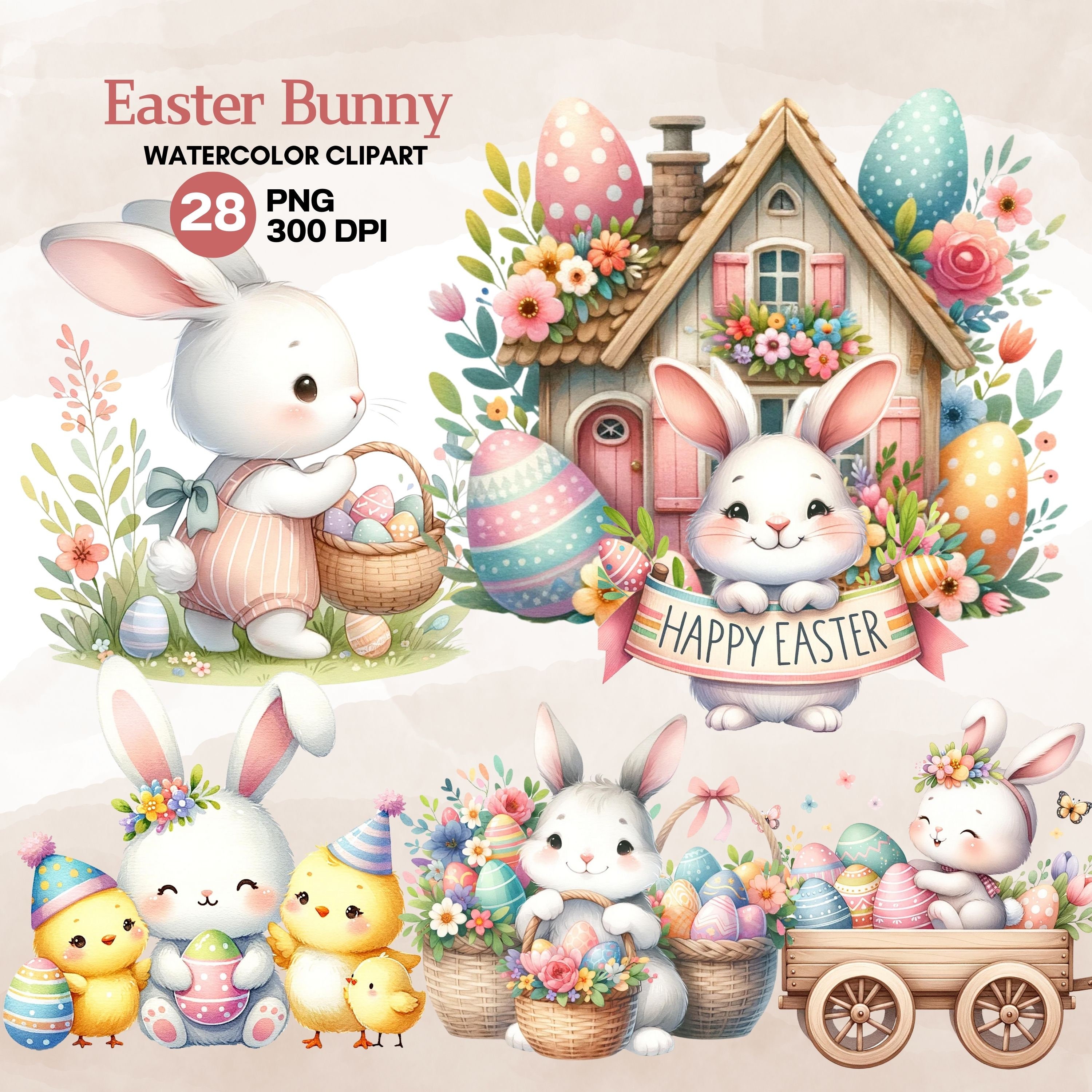 Easter Bunny Watercolor Set - Cute Spring Clipart for Crafts - Etsy