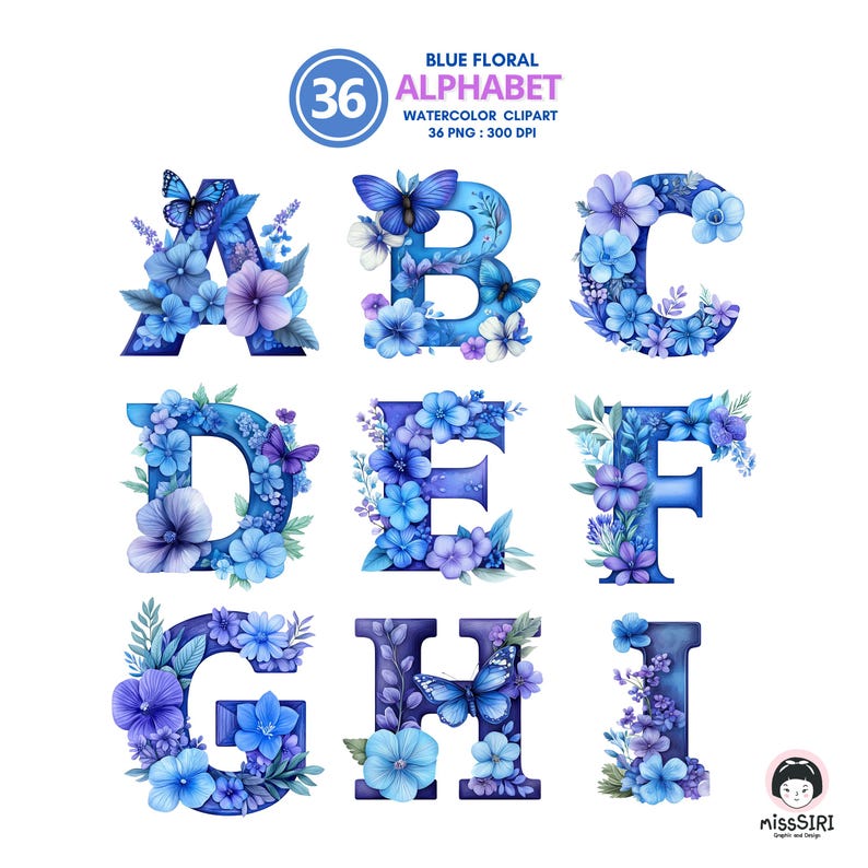 Blue Floral Alphabet Clipart Set, 36 PNG Letters and Numbers ...