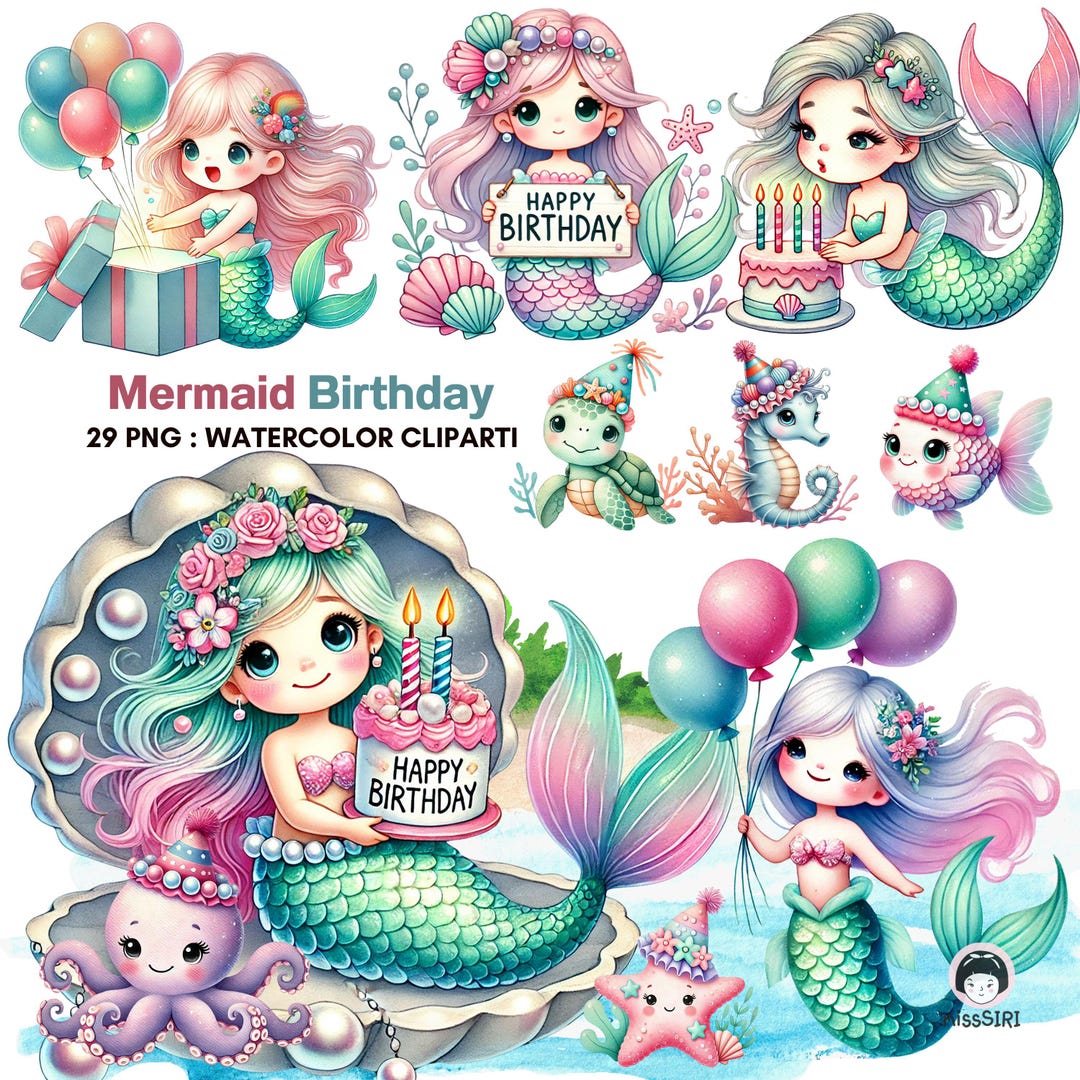Mermaid Birthday Clipart Set | 29 Watercolor Pngs of Cute Mermaids ...