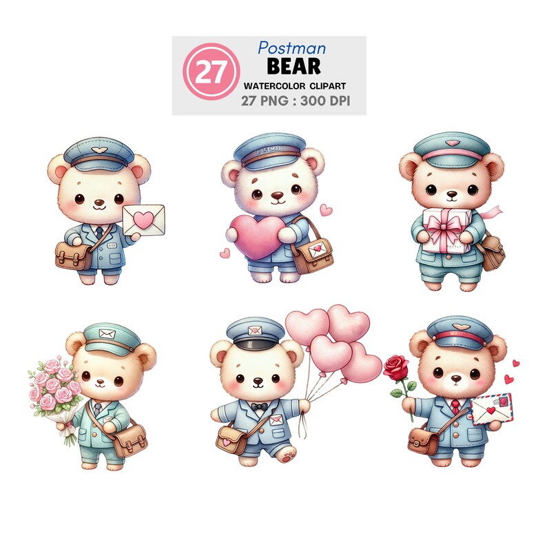 Valentine Postman Bear Clipart Set | 27 Watercolor Pngs for Love ...