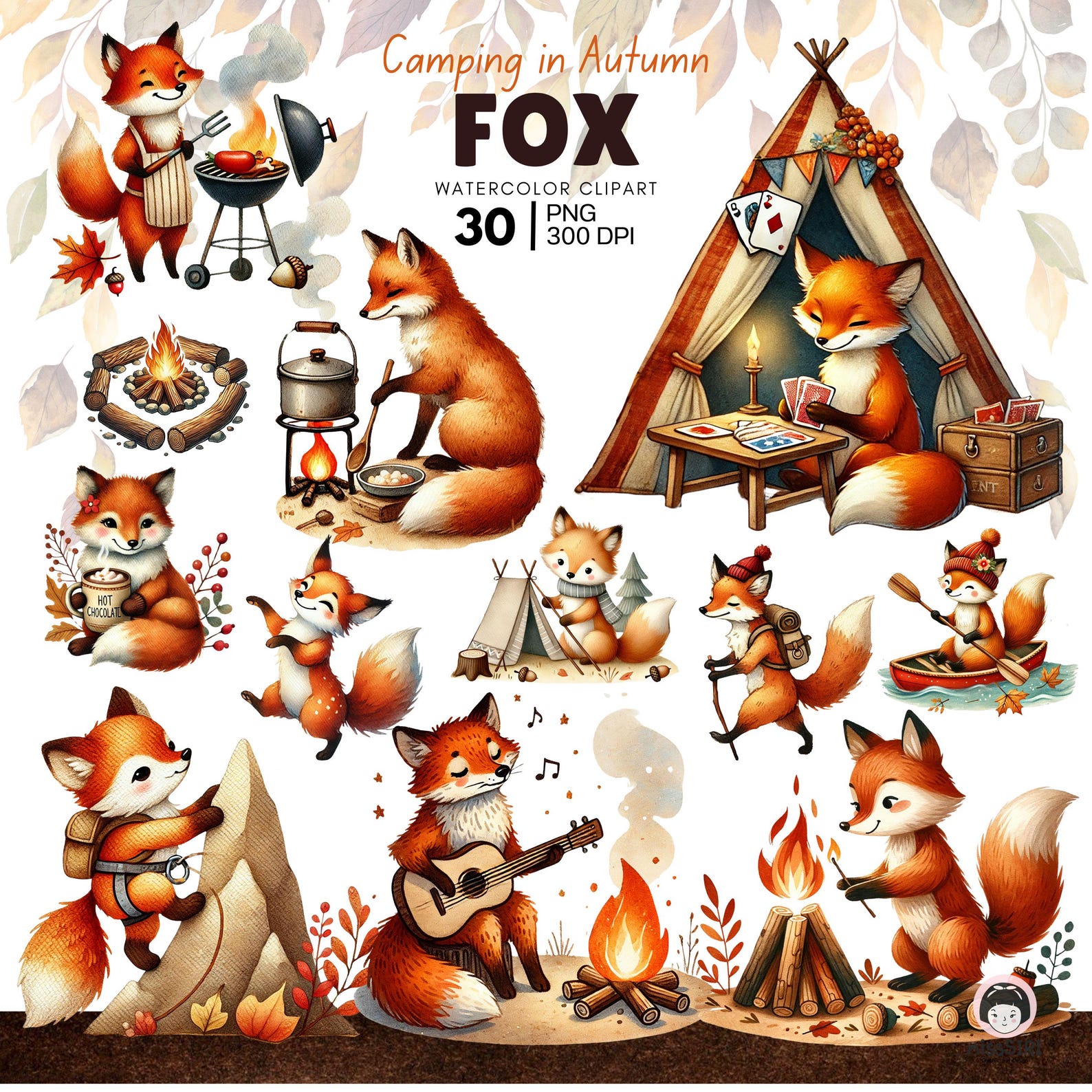 Autumn Camping Fox Clipart Bundle, 30 PNG Watercolor Woodland Animals ...
