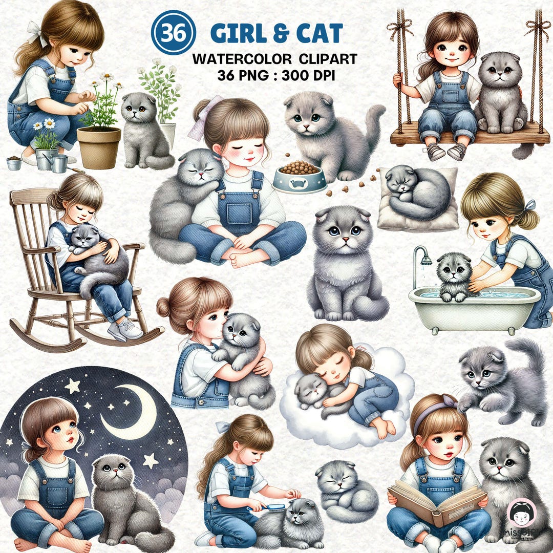 Girl and Cat Watercolor Clipart Bundle – 36 PNG Files of Sweet Pet ...