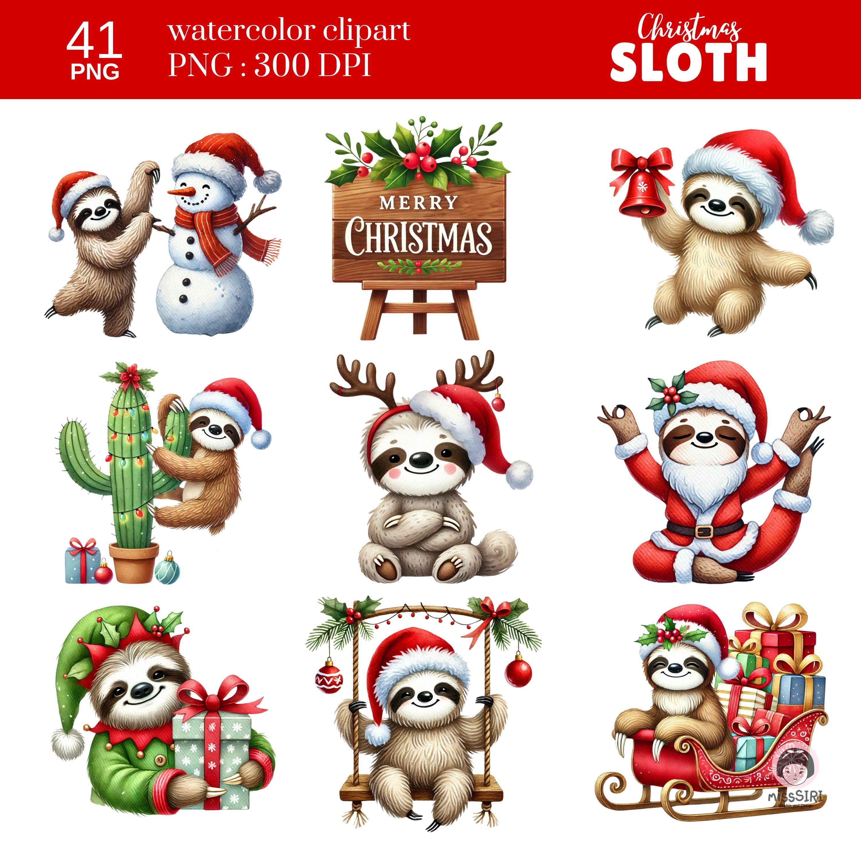 Christmas Sloth Clipart Bundle, Watercolor Sloth PNG, Cute Holiday ...