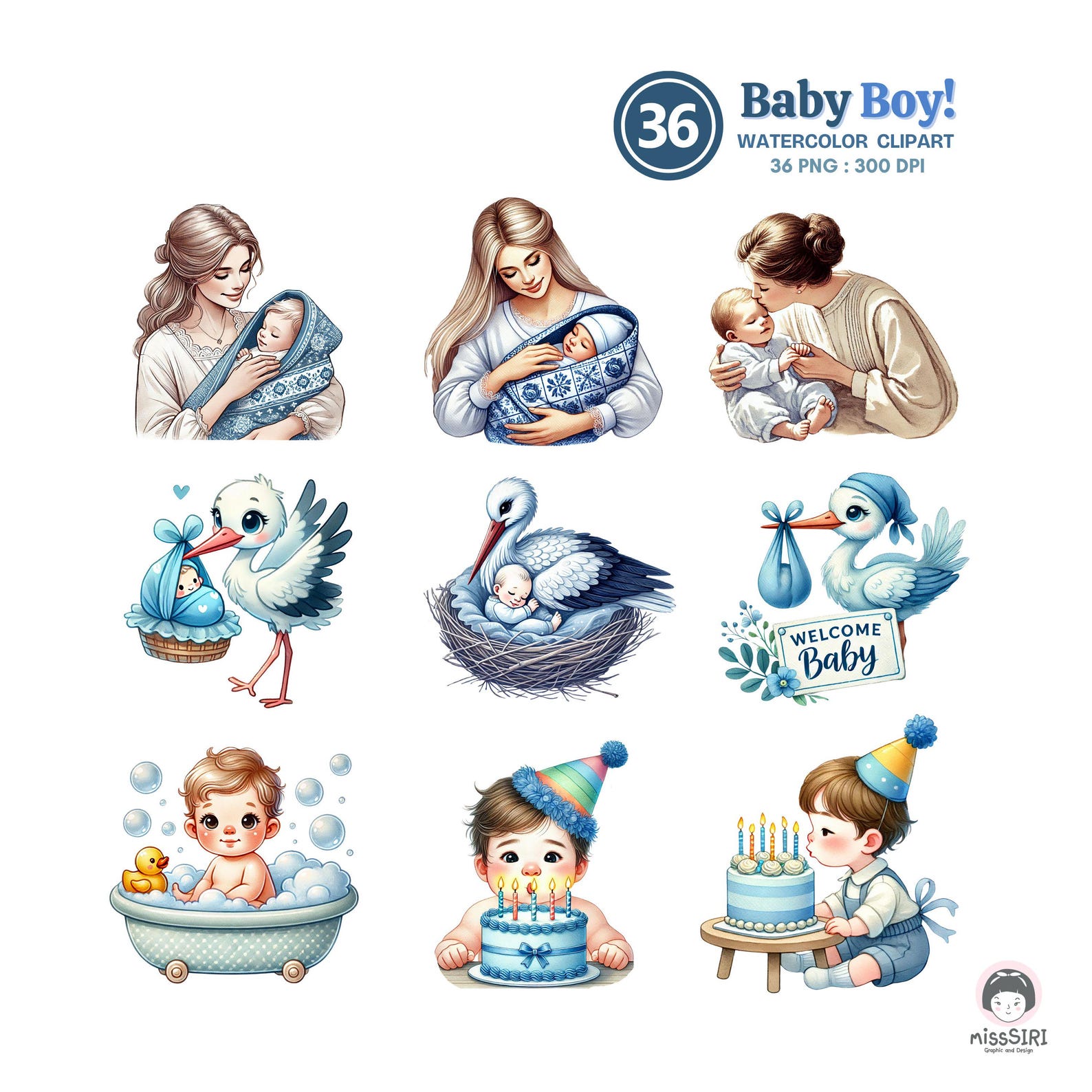 Baby Boy Watercolor Clipart Set - 36 PNG Baby Shower Graphics - Blue ...
