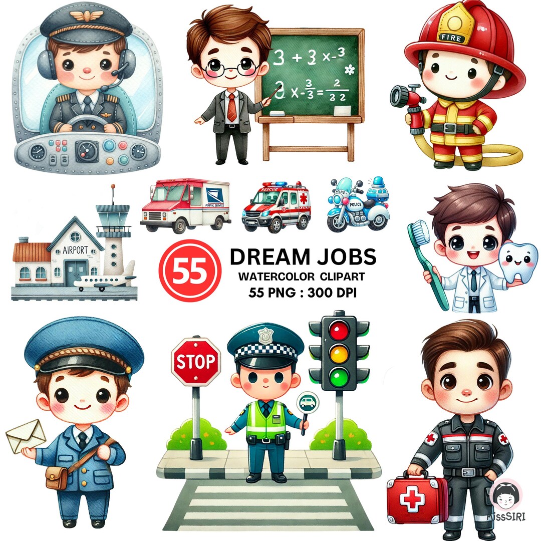 Dream Jobs Clipart Bundle | 55 Watercolor Pngs for Kids Career Theme ...