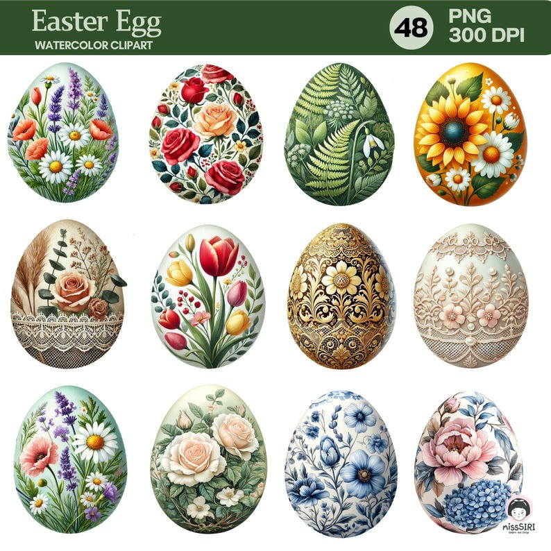 Easter Egg Watercolor Clipart – 48 PNG Beautifully Decorated Eggs With ...