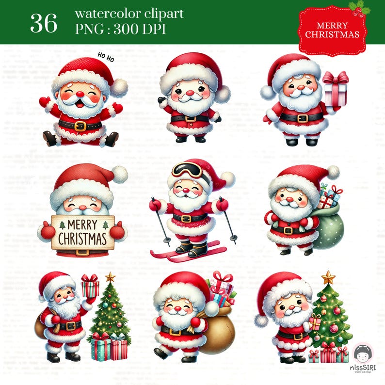 Merry Christmas Santa Watercolor Clipart Bundle, 36 PNG Holiday Set ...