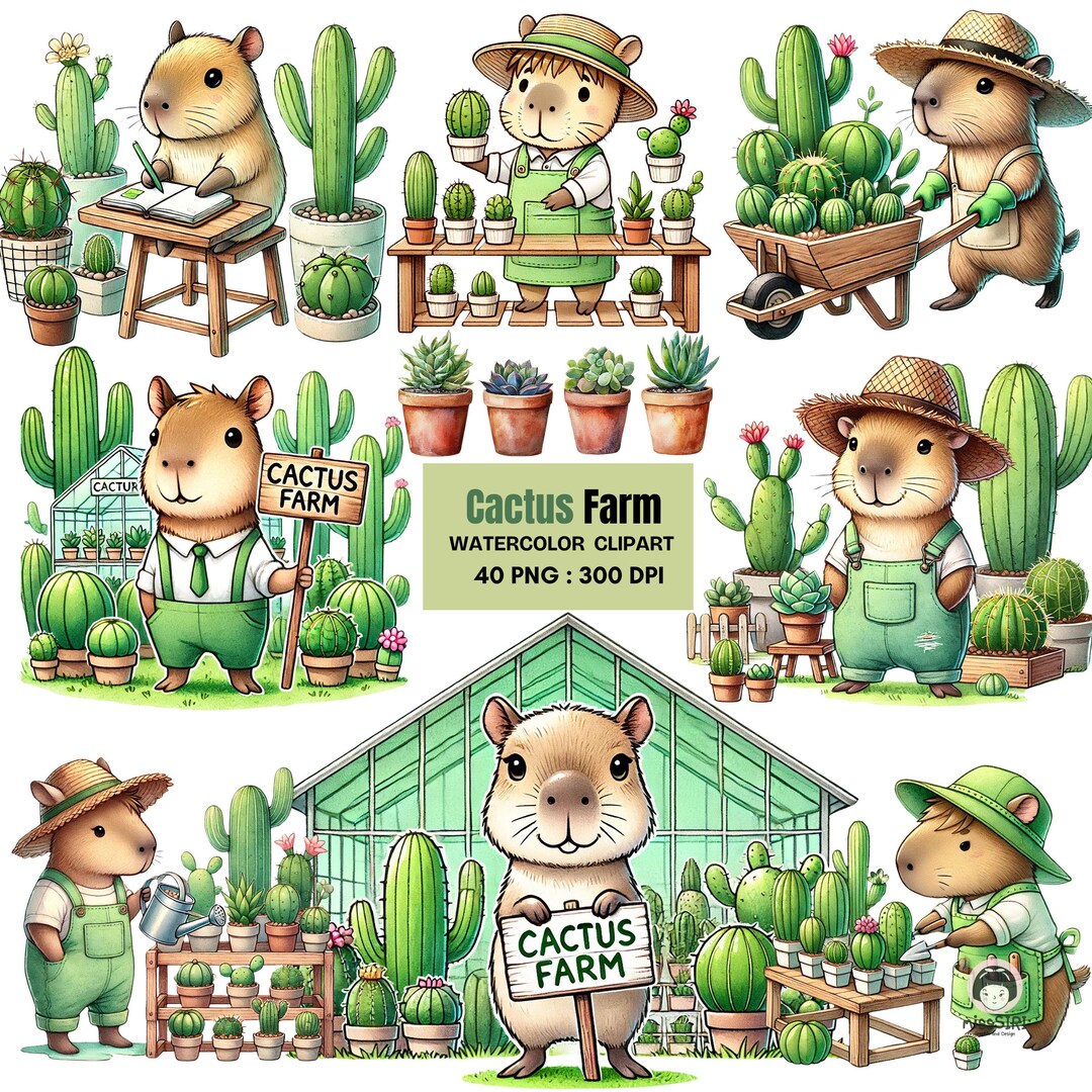 Cactus Farm Capybara Watercolor Clipart – 40 PNG Adorable Capybaras ...