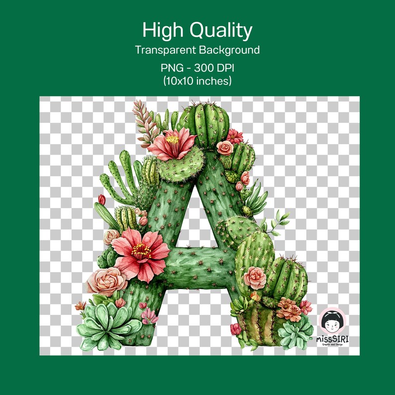 Cactus Alphabet Watercolor Clipart – 39 PNG Floral Cactus Letters ...