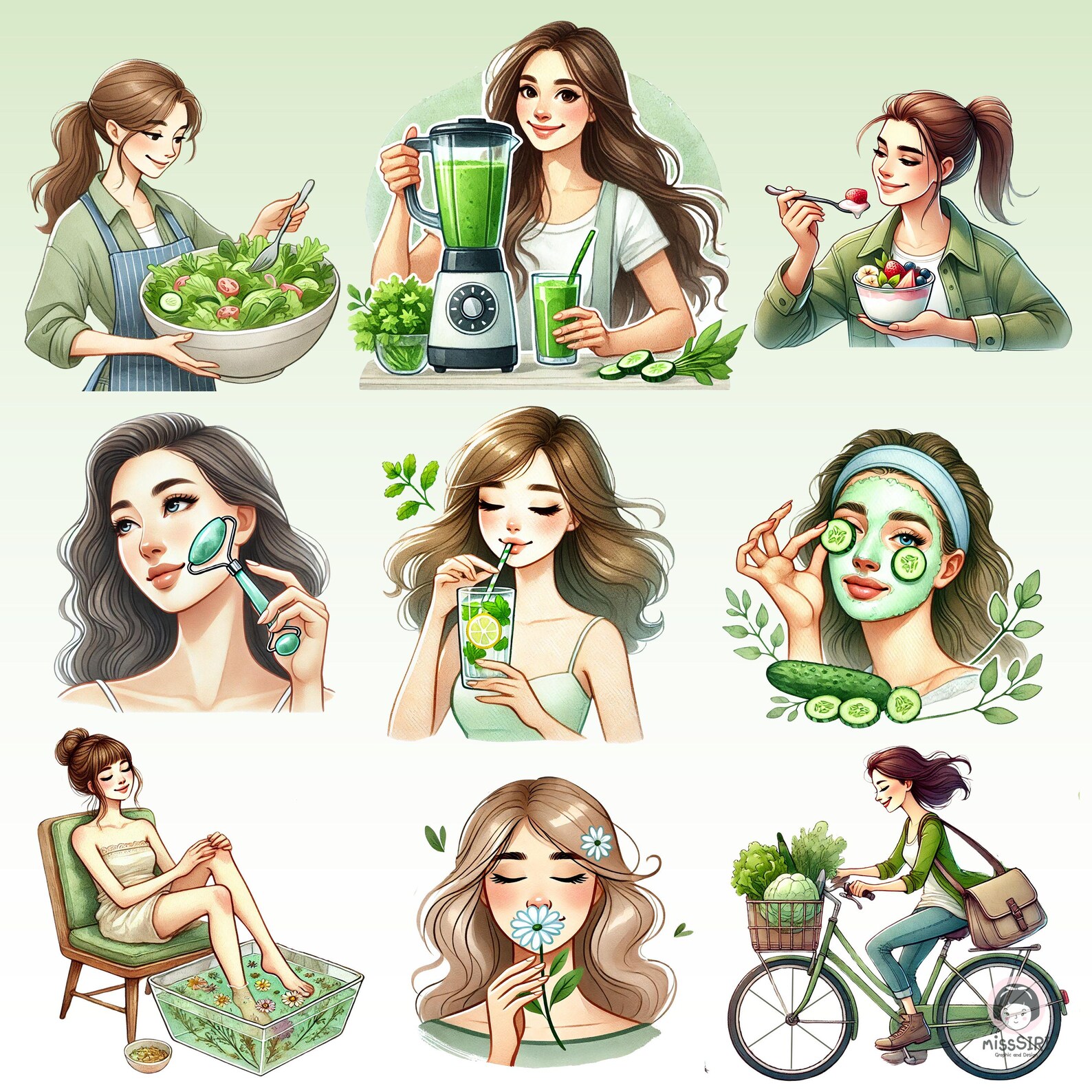 Healthy Woman Watercolor Clipart – 42 PNG Wellness Illustrations With ...