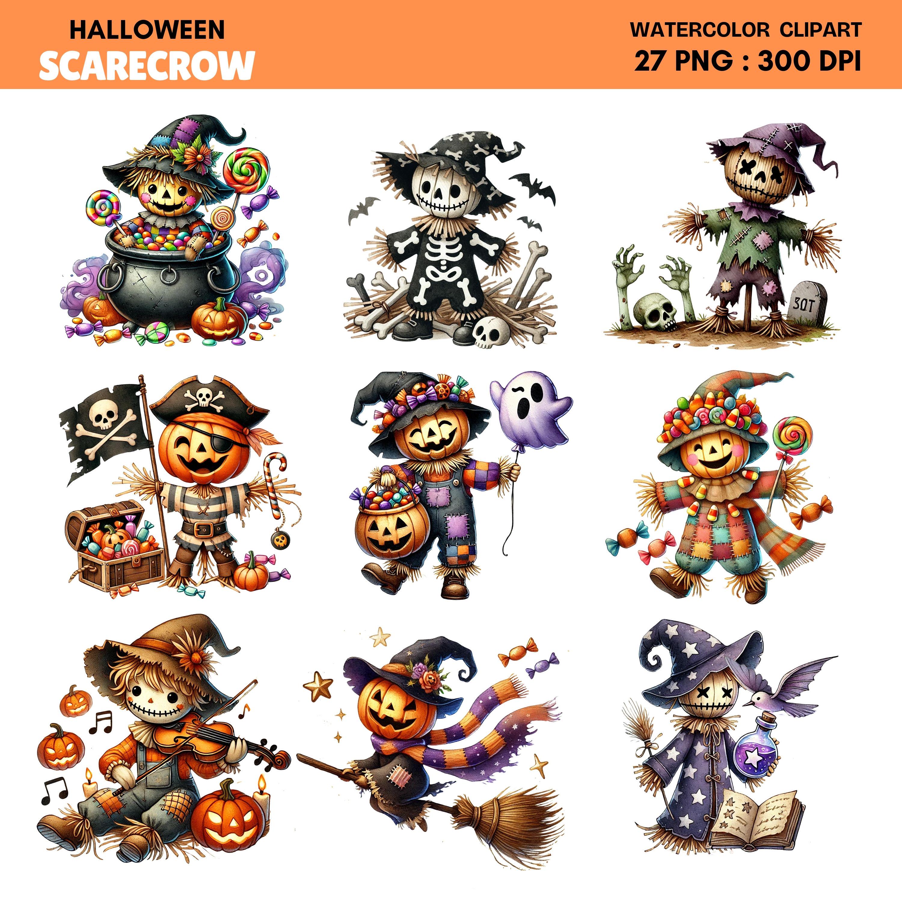 Halloween Scarecrow Clipart Set | 27 Watercolor Pngs of Cute and Spooky ...
