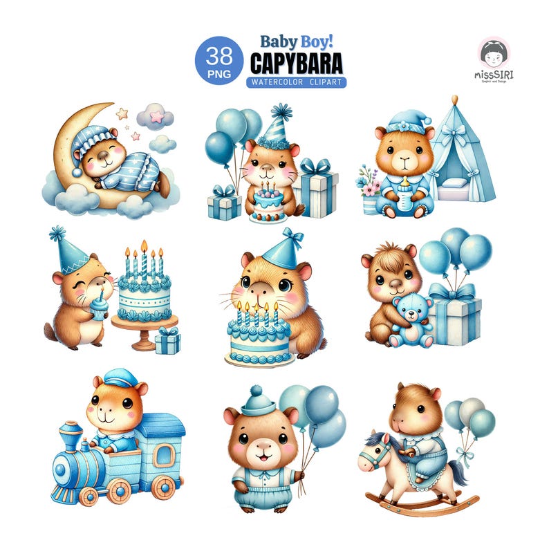 Baby Boy Capybara Watercolor Clipart Set – 38 PNG Files for Baby Shower ...