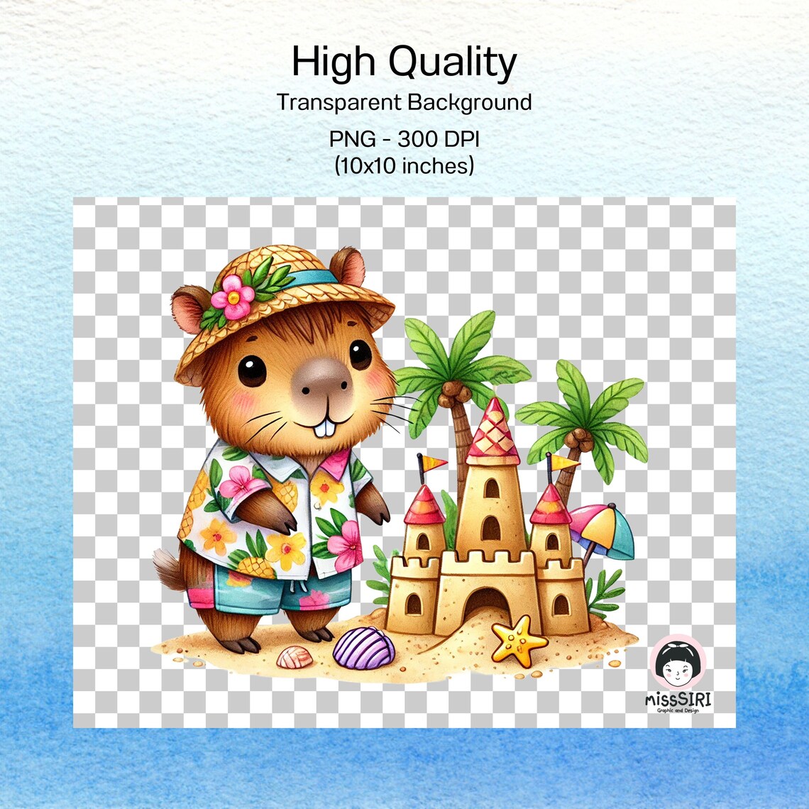 Summer Capybara Watercolor Clipart Bundle – 36 Cute Beach Vacation Pngs ...