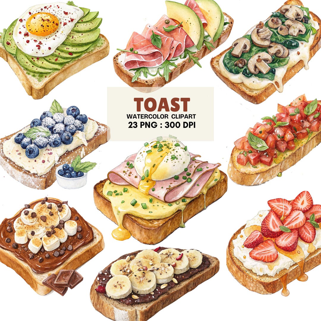 Watercolor Toast Clipart Bundle – 23 Delicious Hand Painted Pngs of ...