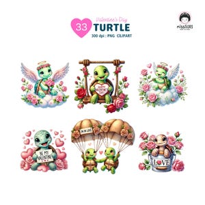 Valentine’s Day Turtle Clipart Set - 33 Watercolor Romantic Pngs, Cute ...