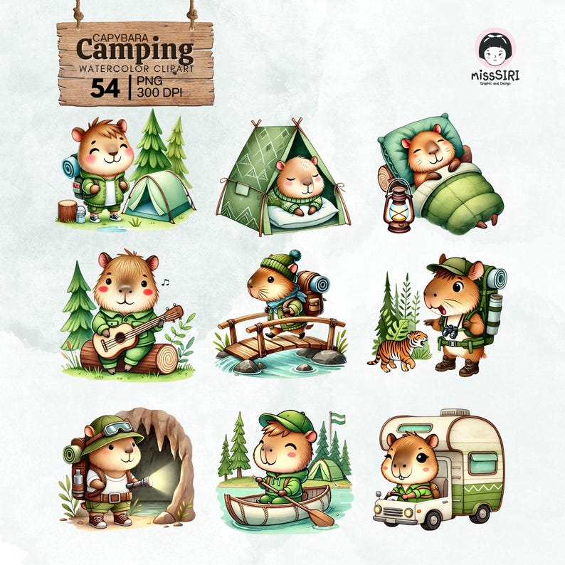 Capybara Camping Watercolor Clipart - 54 PNG Files, Outdoor Adventure ...