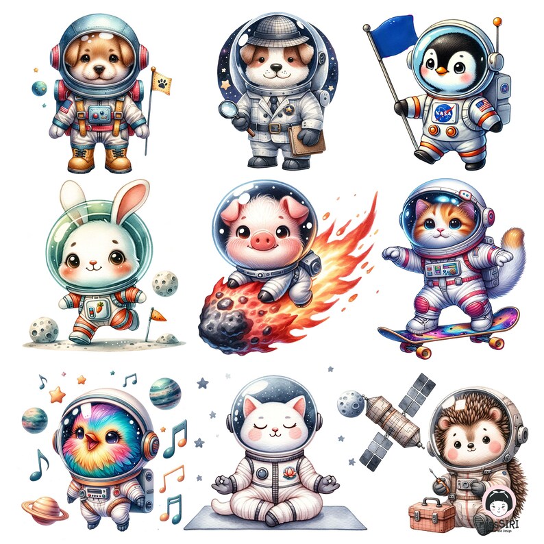 Cosmic Critters Watercolor Clipart – 36 PNG Adorable Space Animals With ...