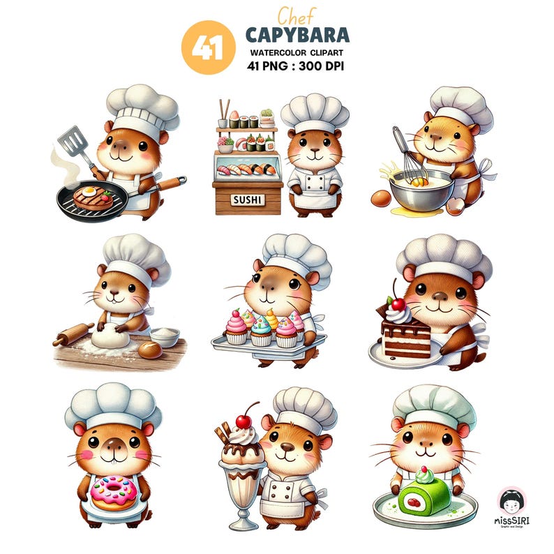 Chef Capybara Watercolor Clipart Bundle for Food Lovers and Creators ...