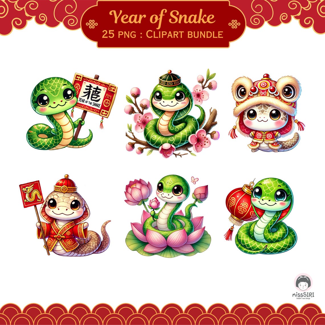 Year of the Snake Clipart Bundle - 25 PNG Kawaii Snake Illustrations ...