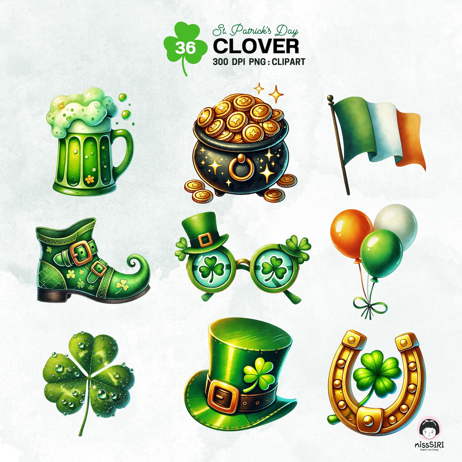 St. Patrick's Day Clover Clipart Bundle - 36 PNG Designs, Cute Shamrock ...