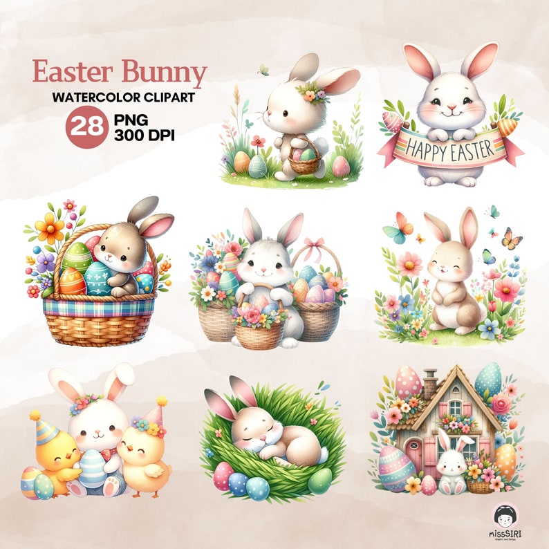 Easter Bunny Watercolor Set - Cute Spring Clipart for Crafts - Etsy