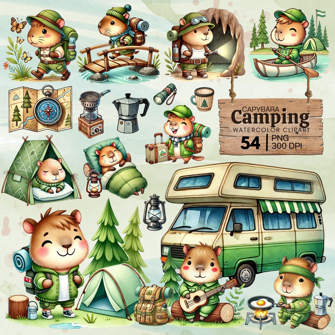 Capybara Camping Watercolor Clipart - 54 PNG Files, Outdoor Adventure ...