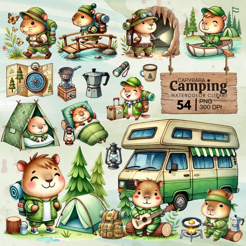 Capybara Camping Watercolor Clipart - 54 PNG Files, Outdoor Adventure ...