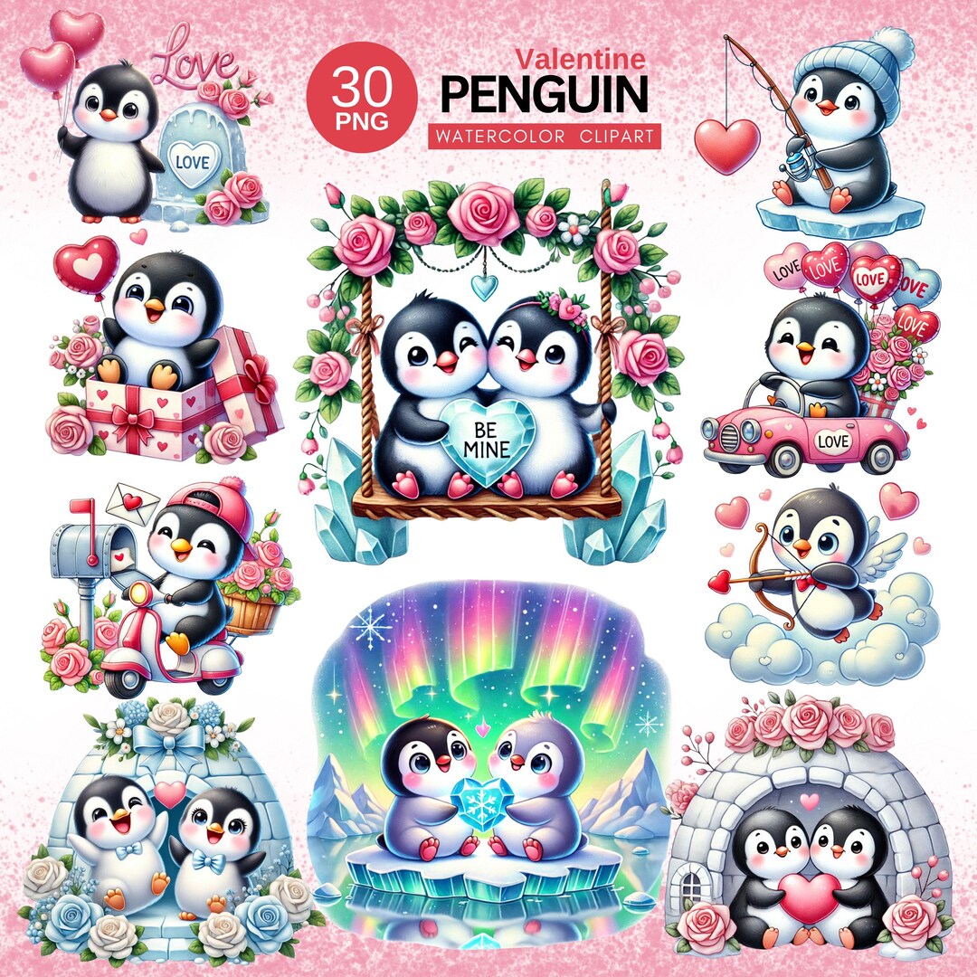 Valentine Penguin Clipart Set - 30 Watercolor Romantic Pngs, Cute ...