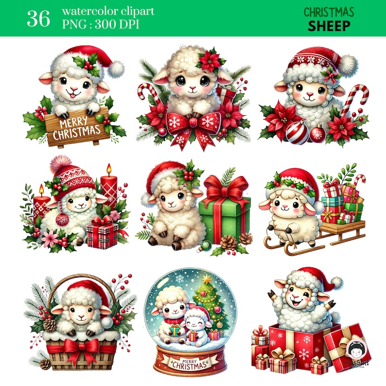 Christmas Sheep Watercolor Clipart Set | 36 Pngs of Cute Lambs With ...